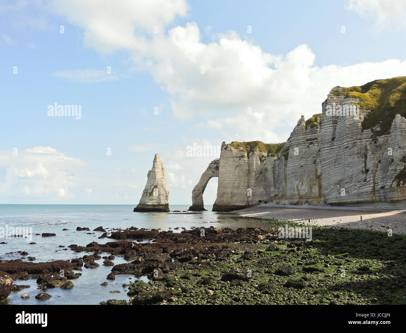 natural cliffs on english channel beach during low tide of Eretrat cote ...