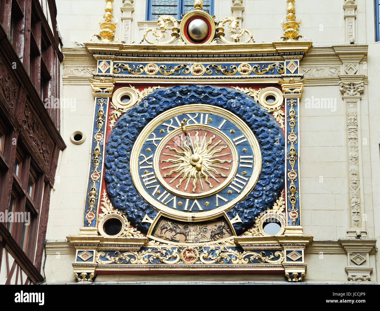 medieval renaissance wall clock on rue du gros horloge, Rouen, France ...