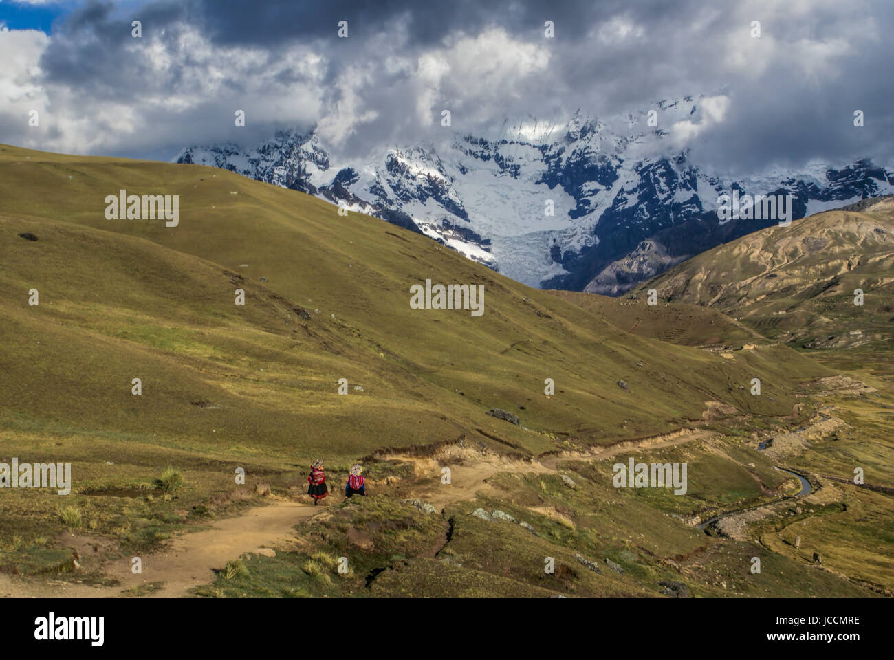Two Peruvian women walking along a path in Peruvian Andes Stock Photo ...