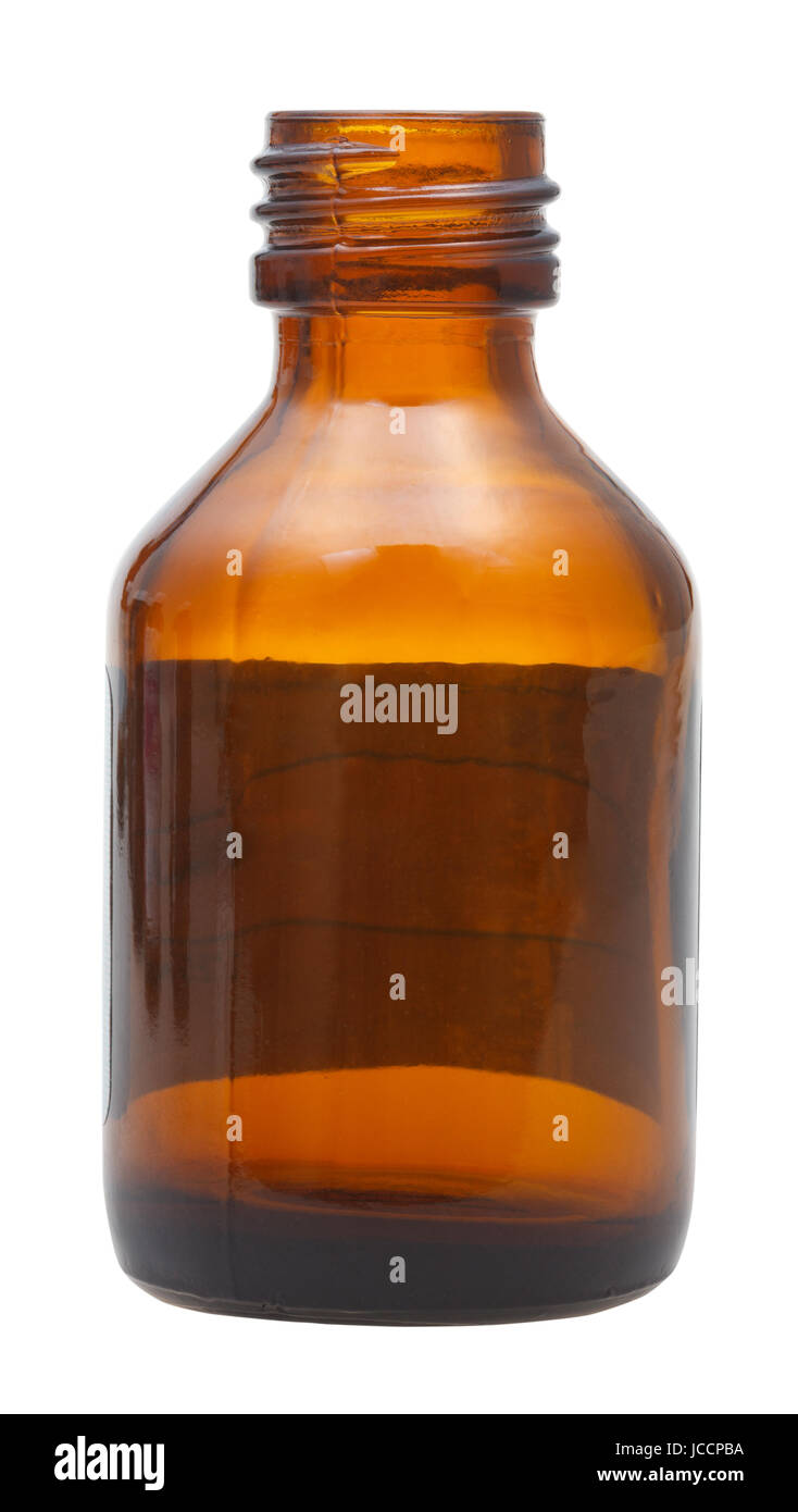 side view of open brown glass oval pharmacy bottle isolated on white ...