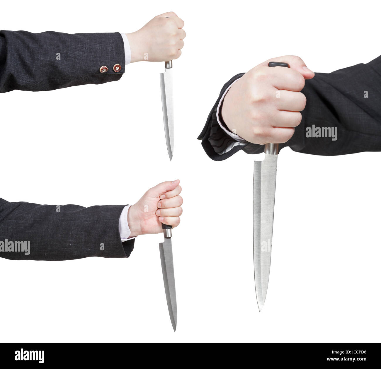 set of knife in businessman hand isolated on white background Stock ...