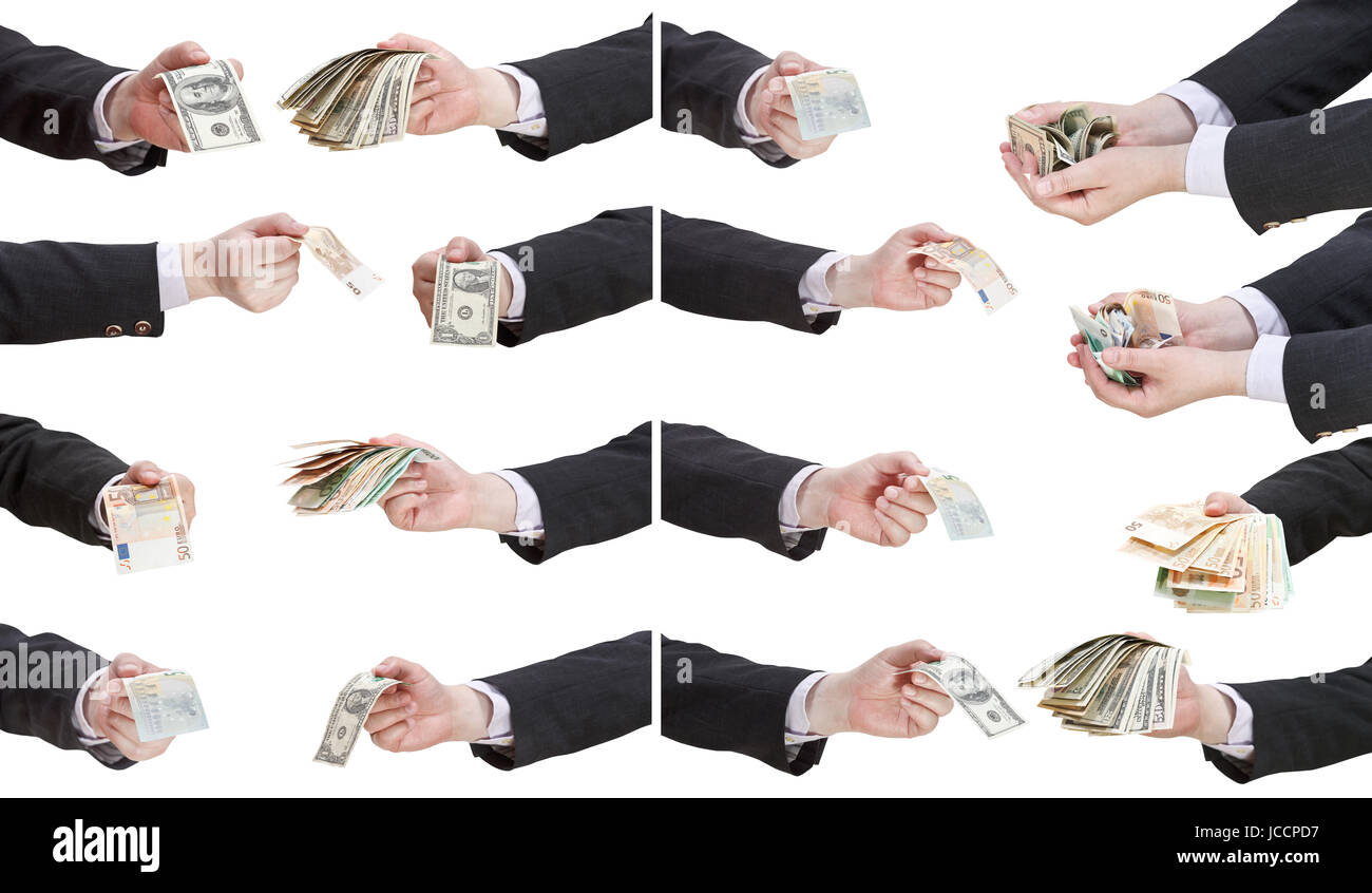 set of banknotes in businessman hands isolated on white background ...