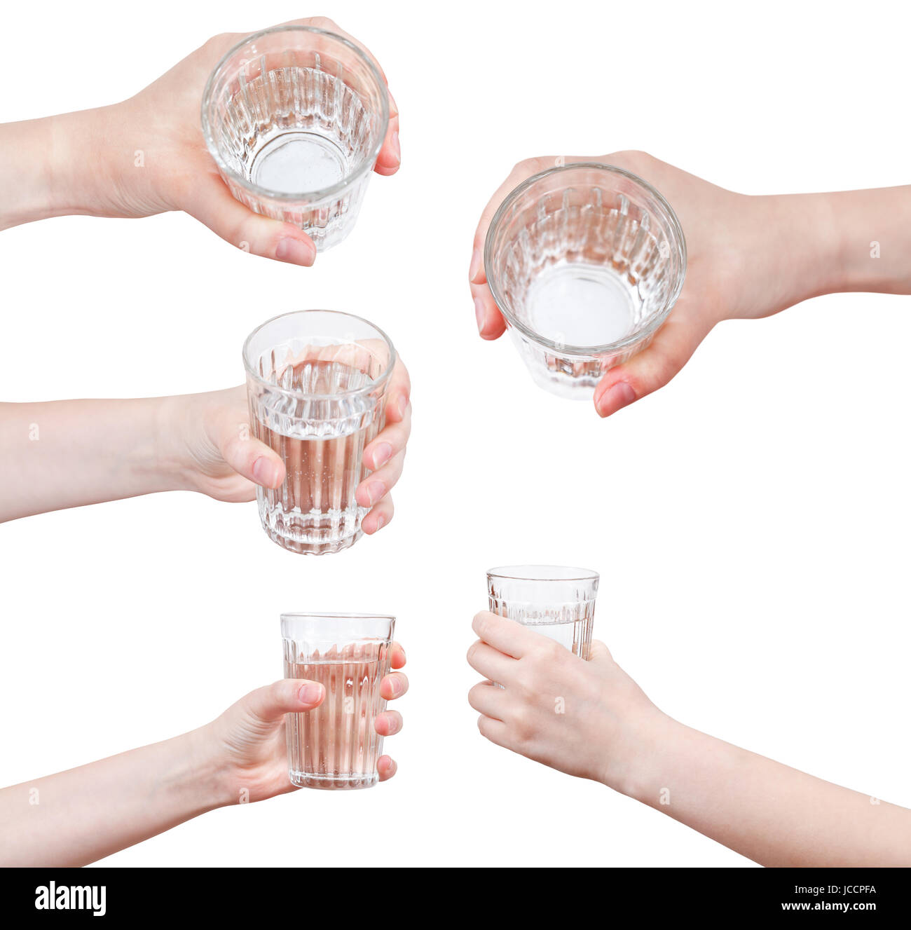 set of hand holds mineral water in glass isolated on white background ...
