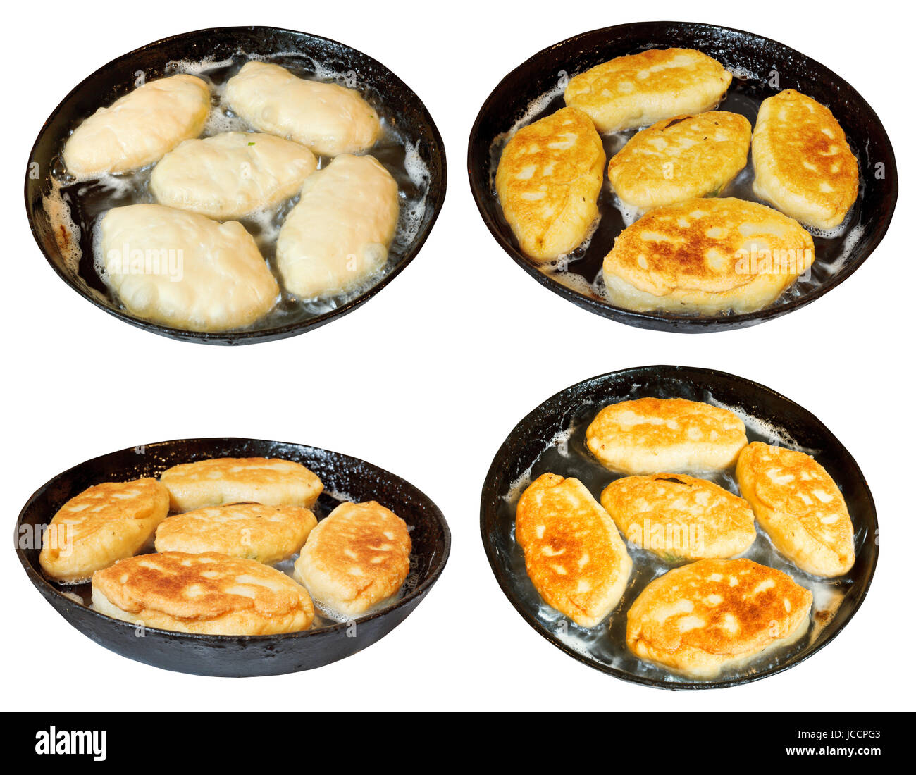 set of frying pan with few cooking patties isolated on white background ...