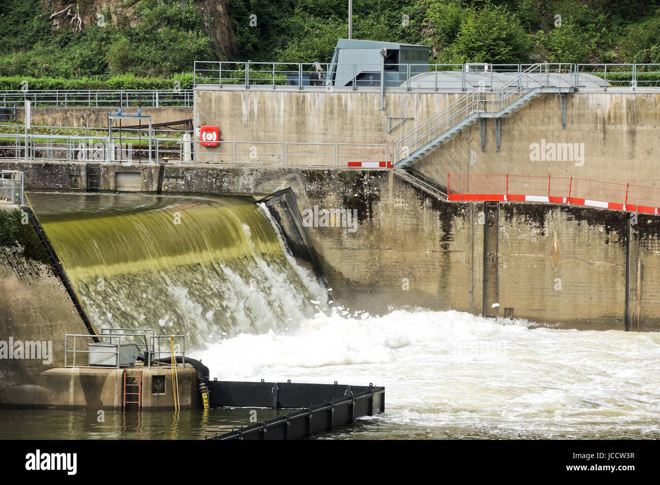 water overflow in sluice chamber on Moselle river, Germany Stock Photo ...