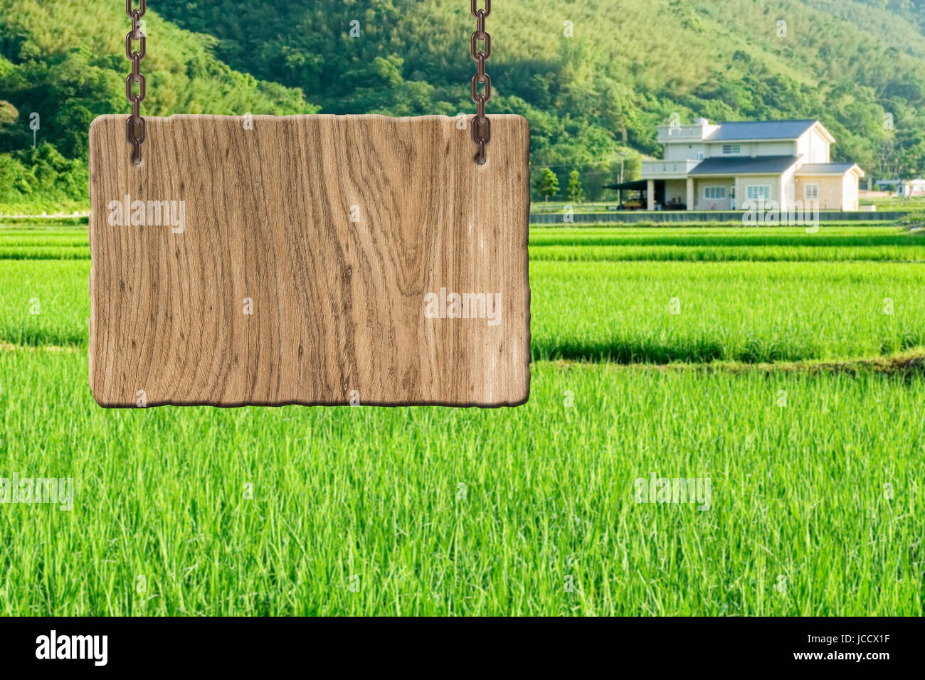 Blank wooden sign on field of farm. Concept of rural, idyllic ...