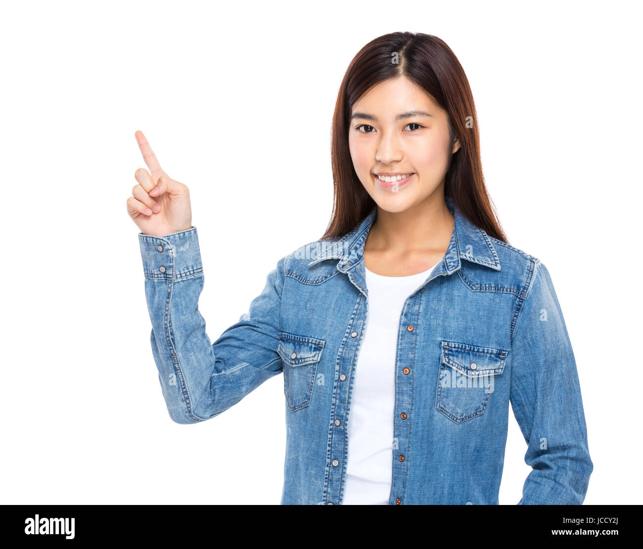 Young woman with finger up Stock Photo - Alamy