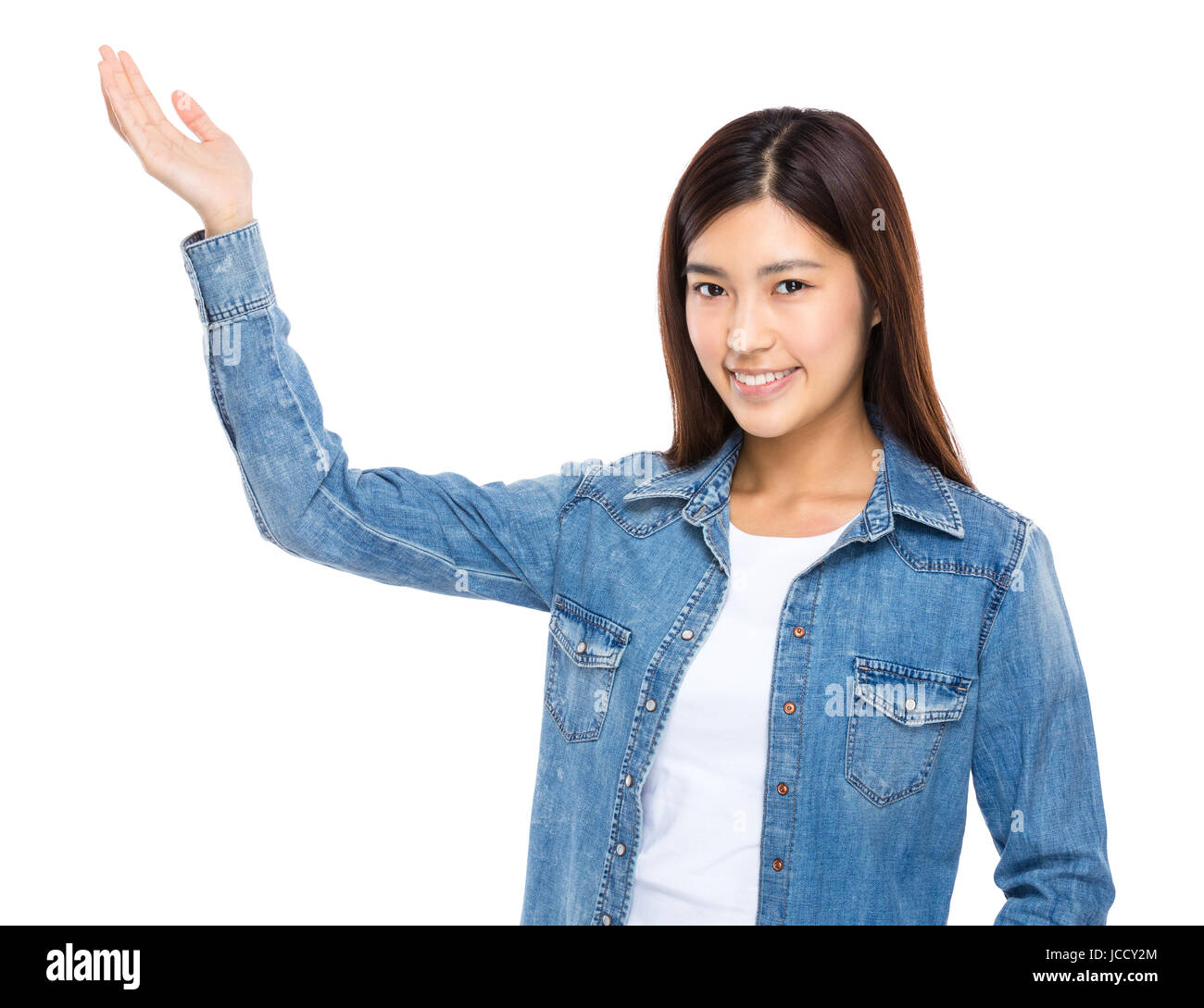 Asian woman with hand presentation Stock Photo - Alamy