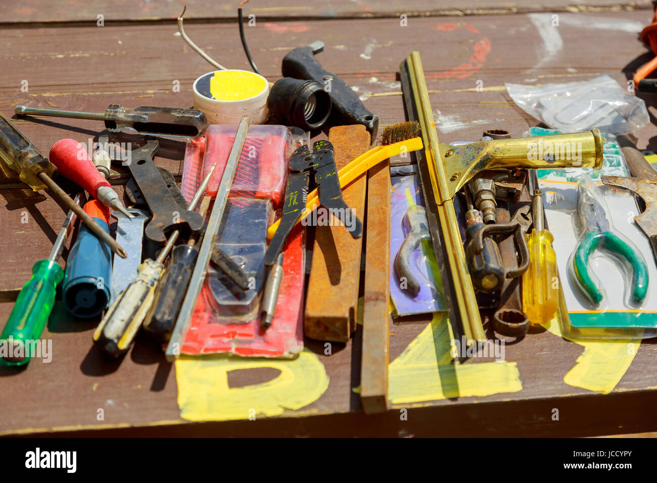 overhead view of set of old wood working tools, Tools on a wooden Stock ...