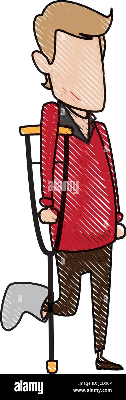 cartoon man foot with medical plaster disability walking on crutches ...