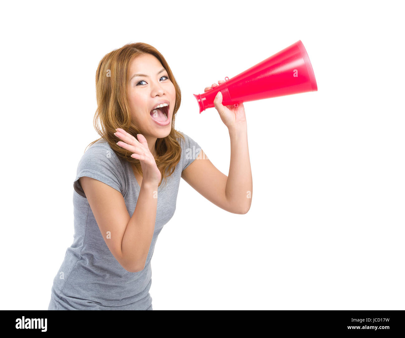 Woman shout use megaphone Stock Photo - Alamy