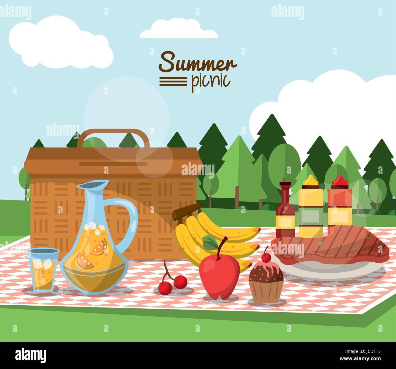 colorful poster of summer picnic with outdoor landscape and picnic ...
