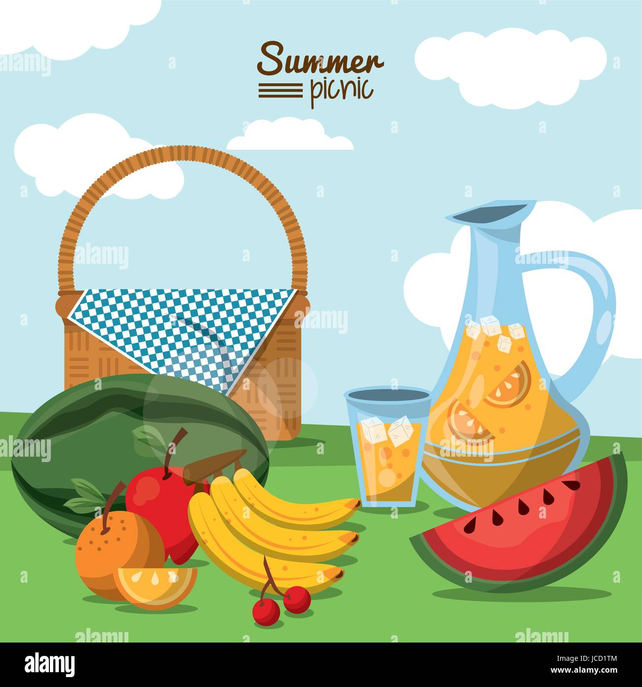 colorful poster of summer picnic with field landscape and picnic basket ...
