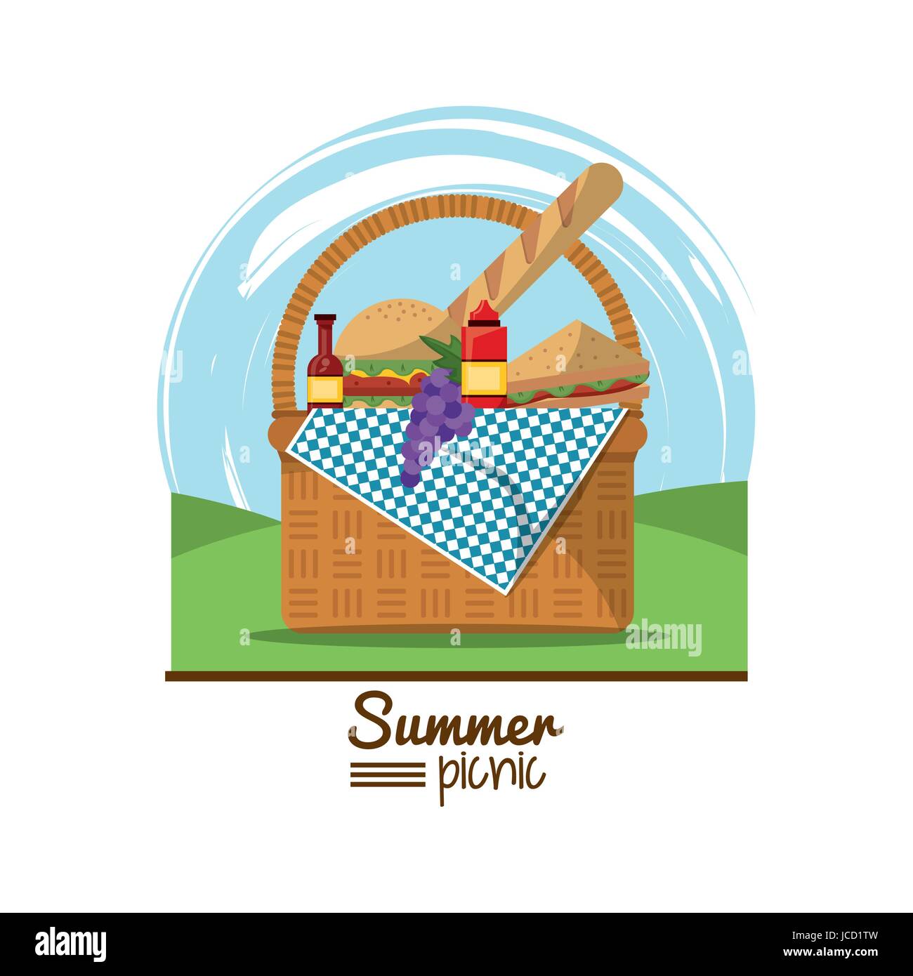 colorful logo summer picnic with outdoor landscape and picnic basket ...
