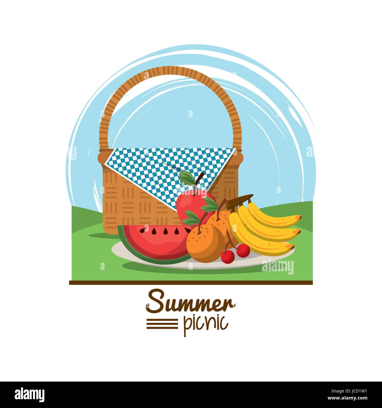 colorful logo summer picnic with outdoor landscape with picnic basket ...