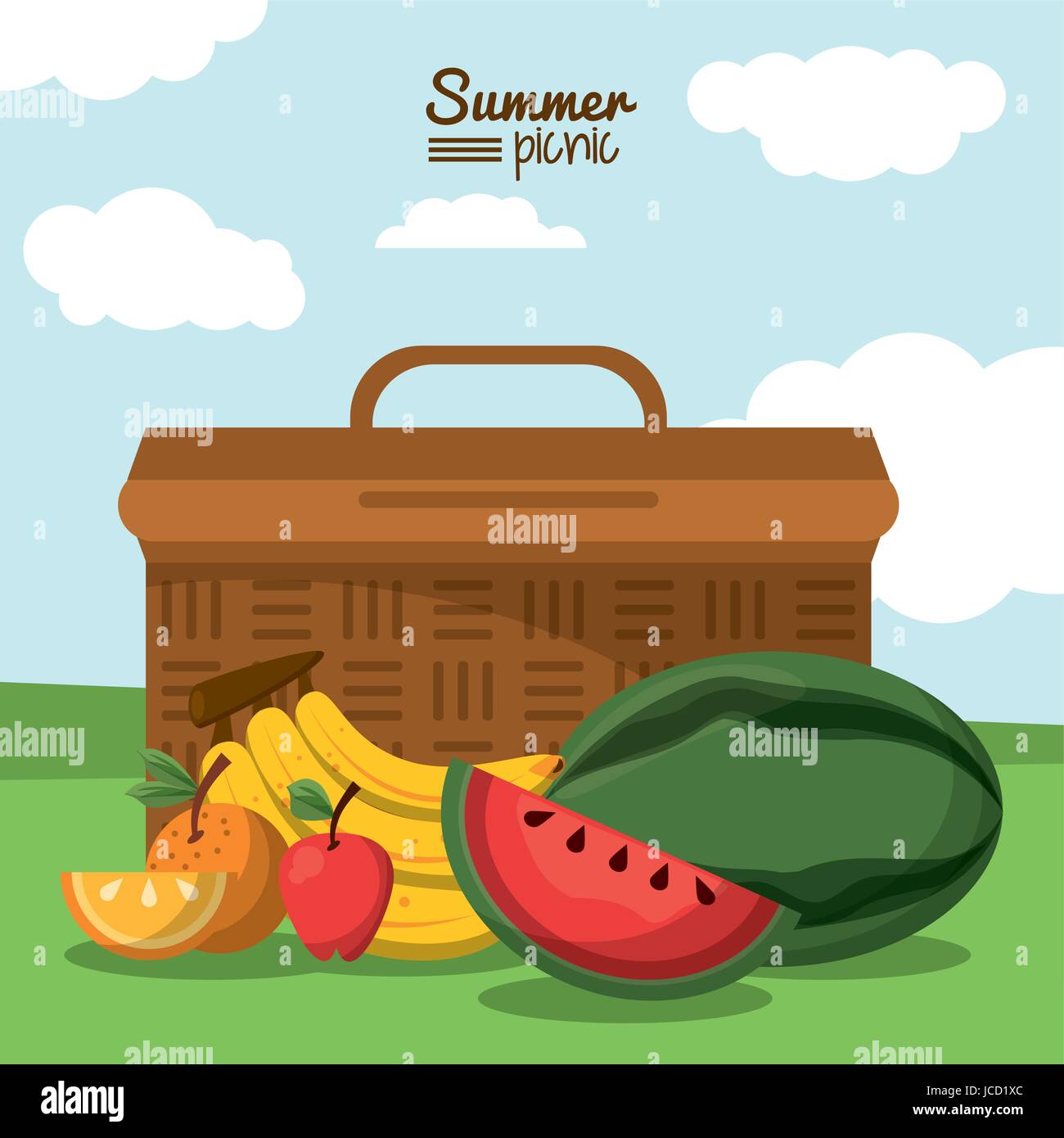 colorful poster of summer picnic with outdoor landscape with picnic ...
