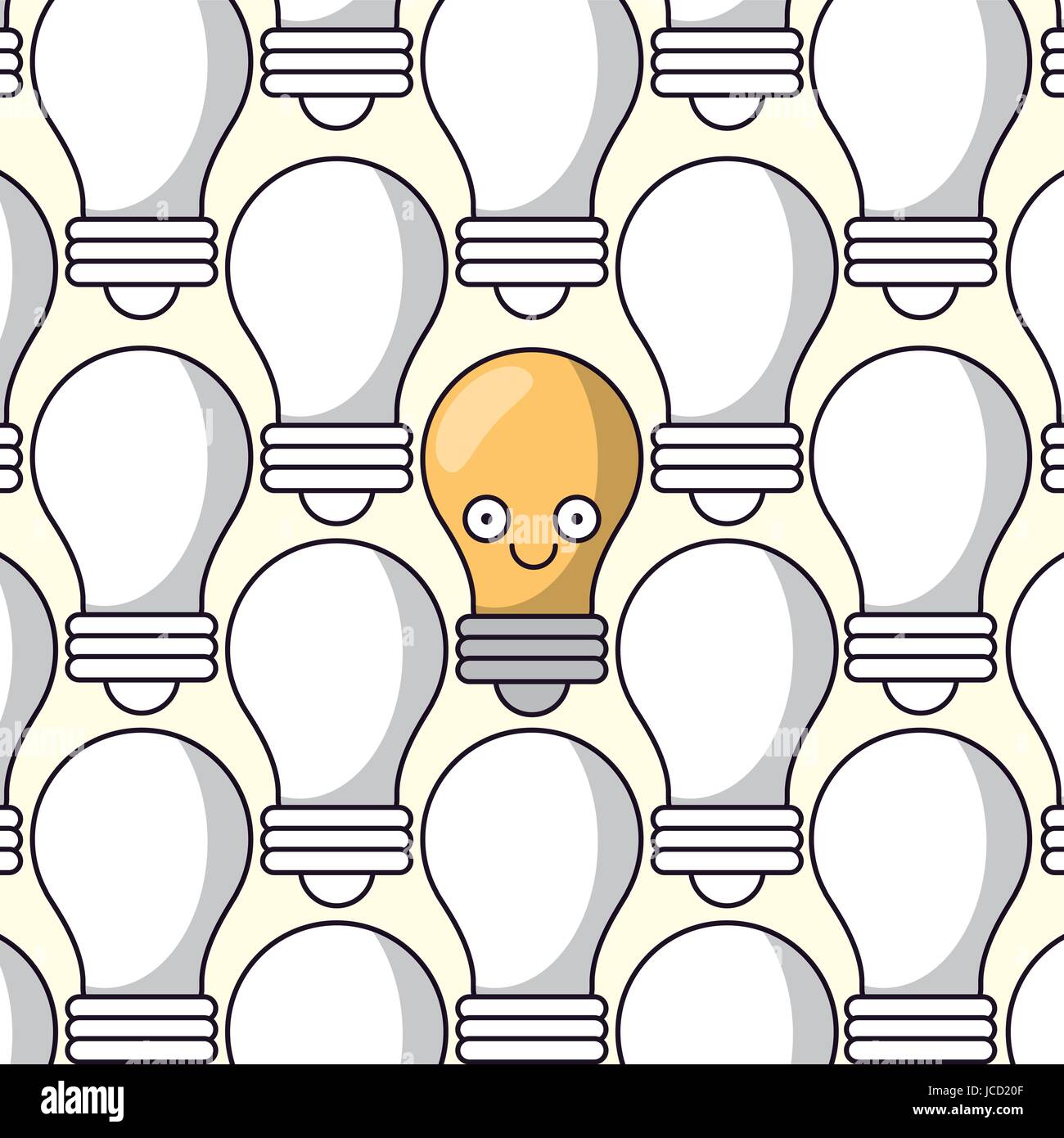 white background with pattern of light bulbs and only one light bulb ...