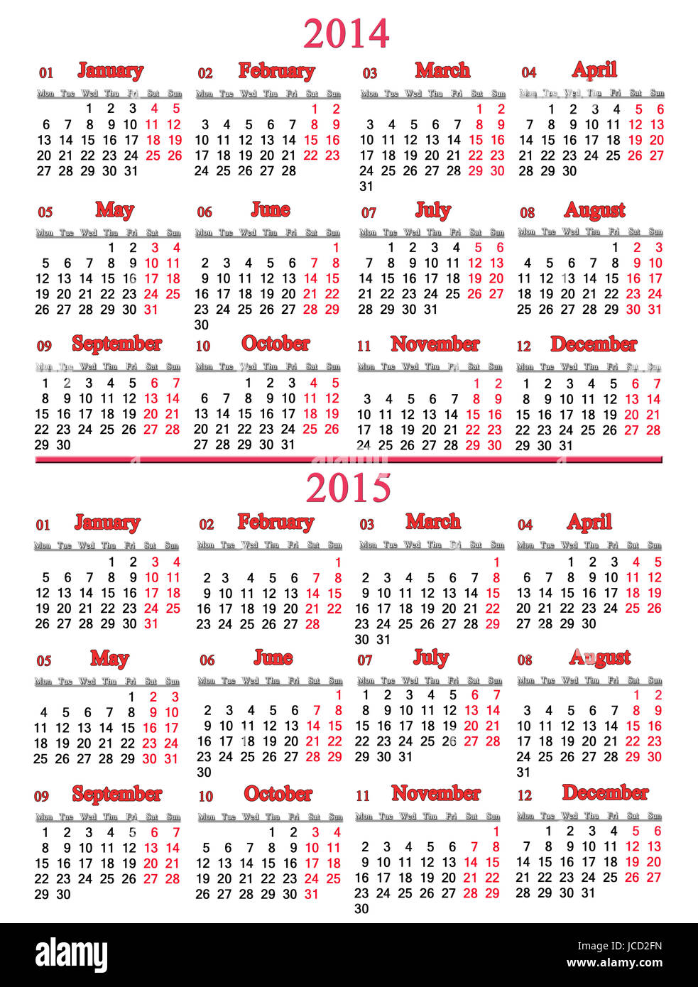 usual office calendar for 2014 - 2015 years on white background Stock ...