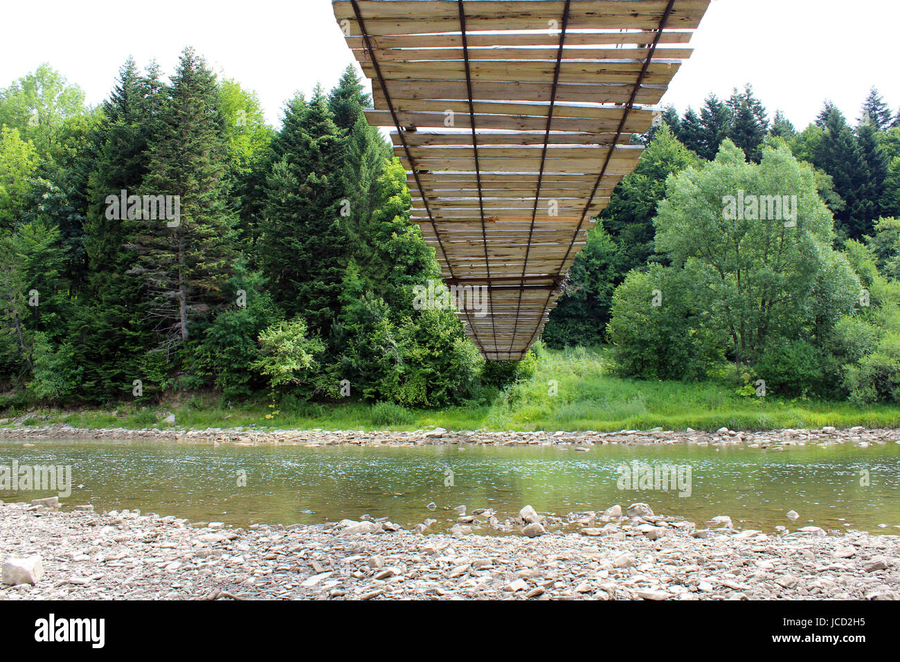 nice hanging bridge across speed, mountainous river Stock Photo - Alamy