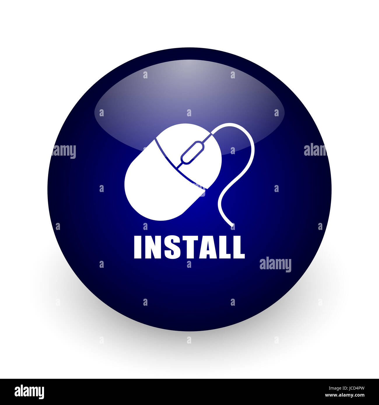 Install blue glossy ball web icon on white background. Round 3d render ...