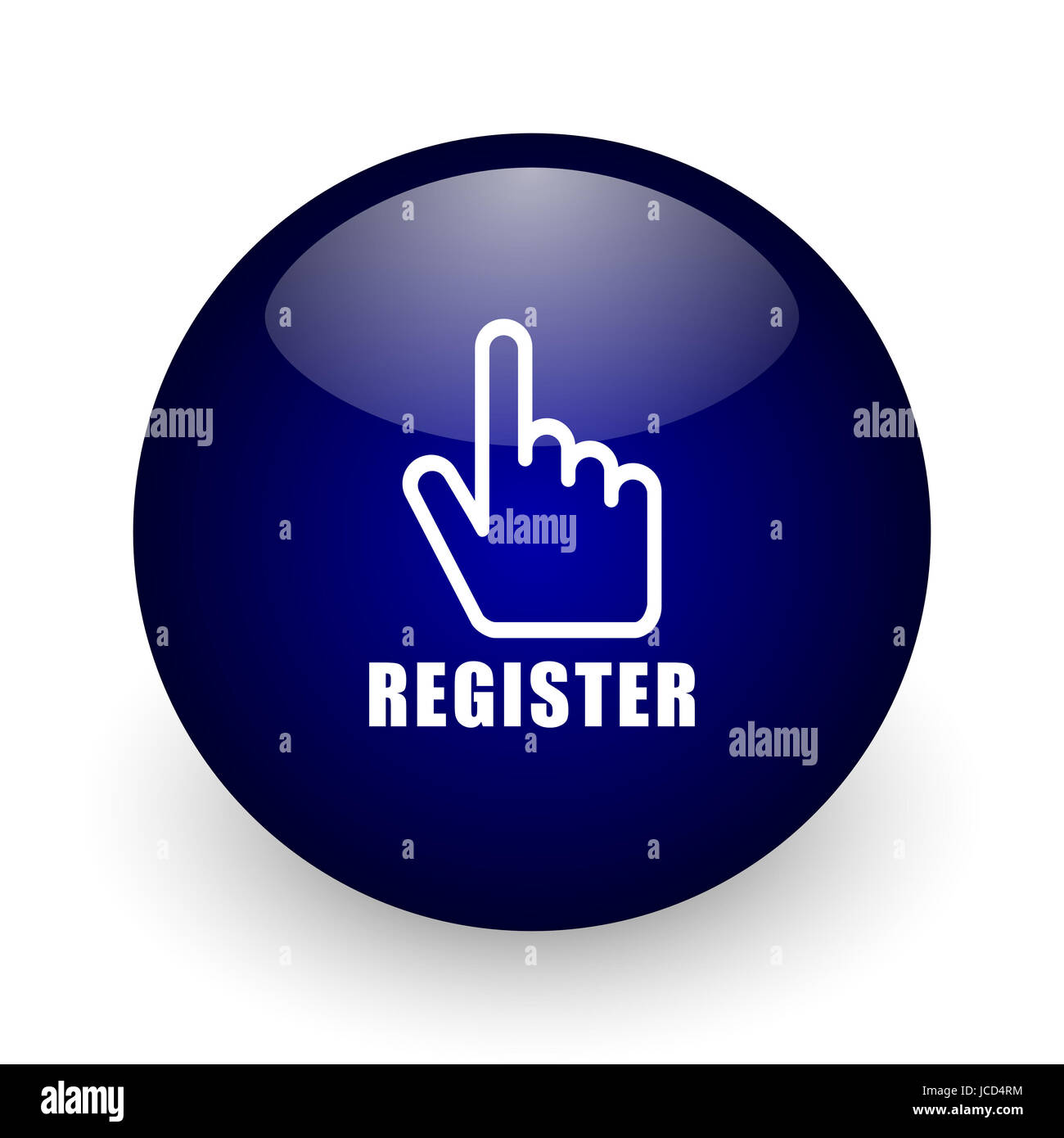 Register blue glossy ball web icon on white background. Round 3d render ...