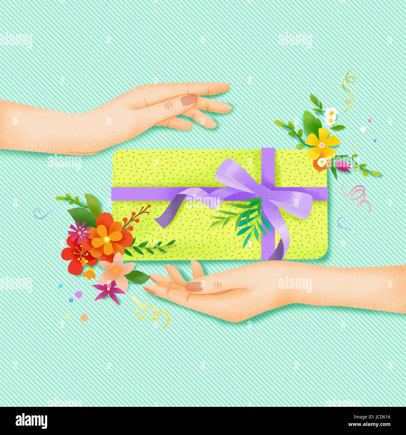 Hands passing present box and flowers Stock Photo - Alamy