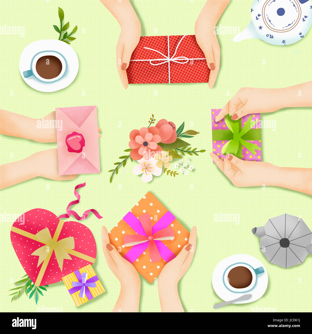 Hands with card, present boxes and flowers Stock Photo - Alamy
