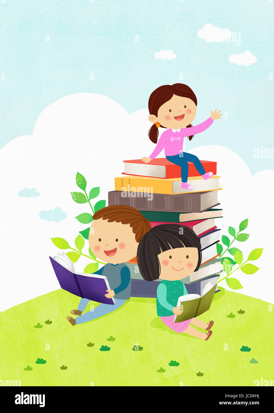 Smiling kids reading books Stock Photo - Alamy