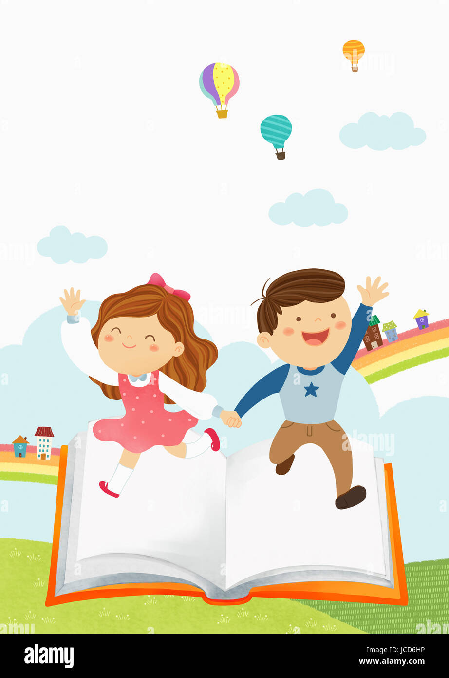 Smiling boy and girl running holding hands on book Stock Photo - Alamy