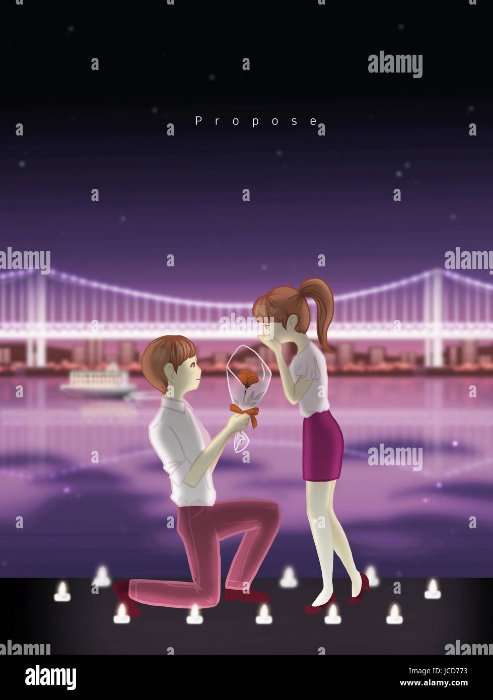 Romantic couple confessing love against night view of bridge Stock ...