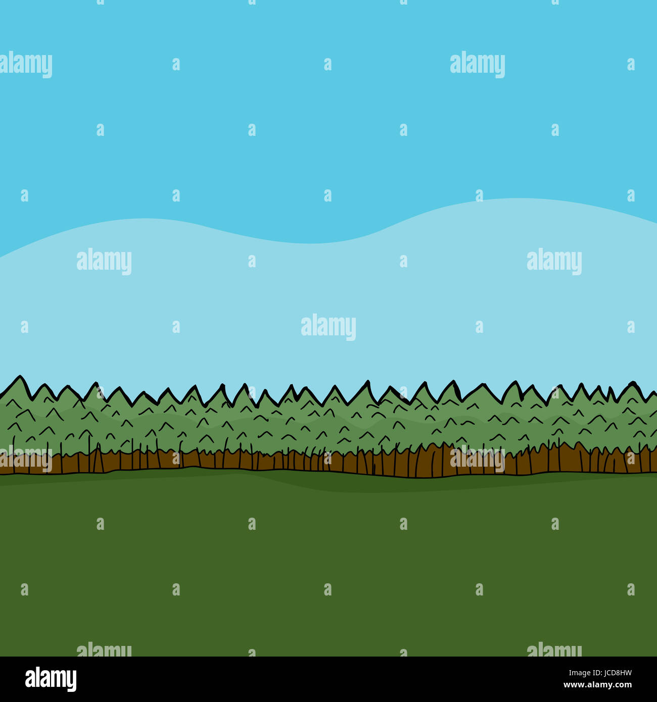 Hand drawn cartoon forest background with green pasture Stock Photo - Alamy