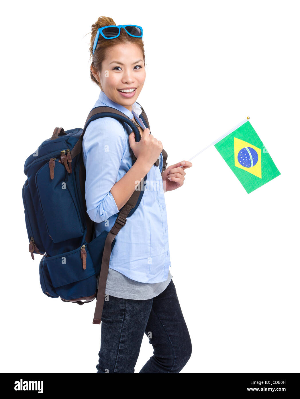 Happy girl with backpack Stock Photo - Alamy