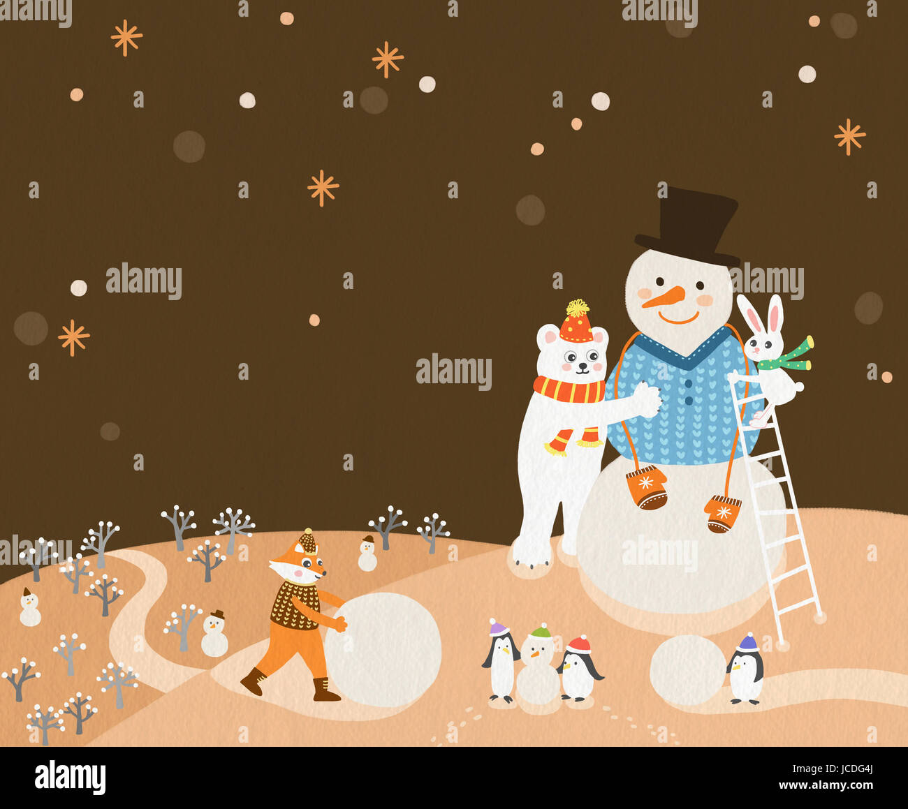 Animals making snowman during winter vacation Stock Photo - Alamy