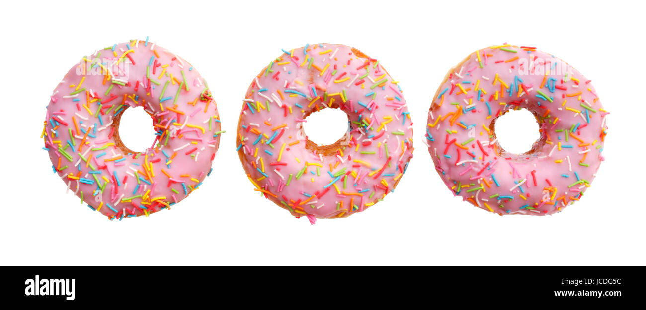 Food and drink: group of pink donuts, isolated on white background ...