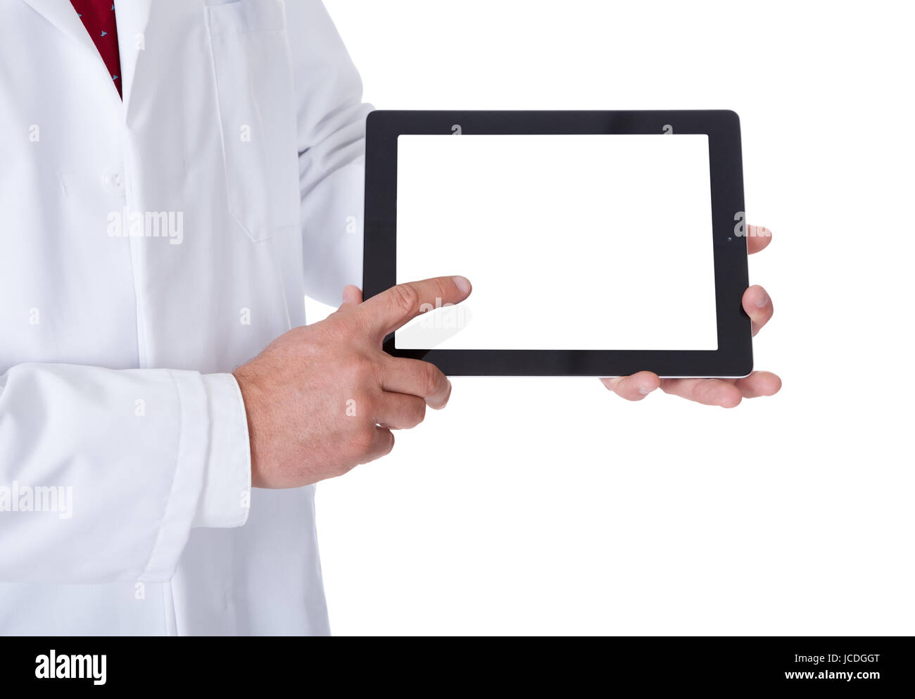 Doctor presenting empty tablet. Isolated on white background Stock ...