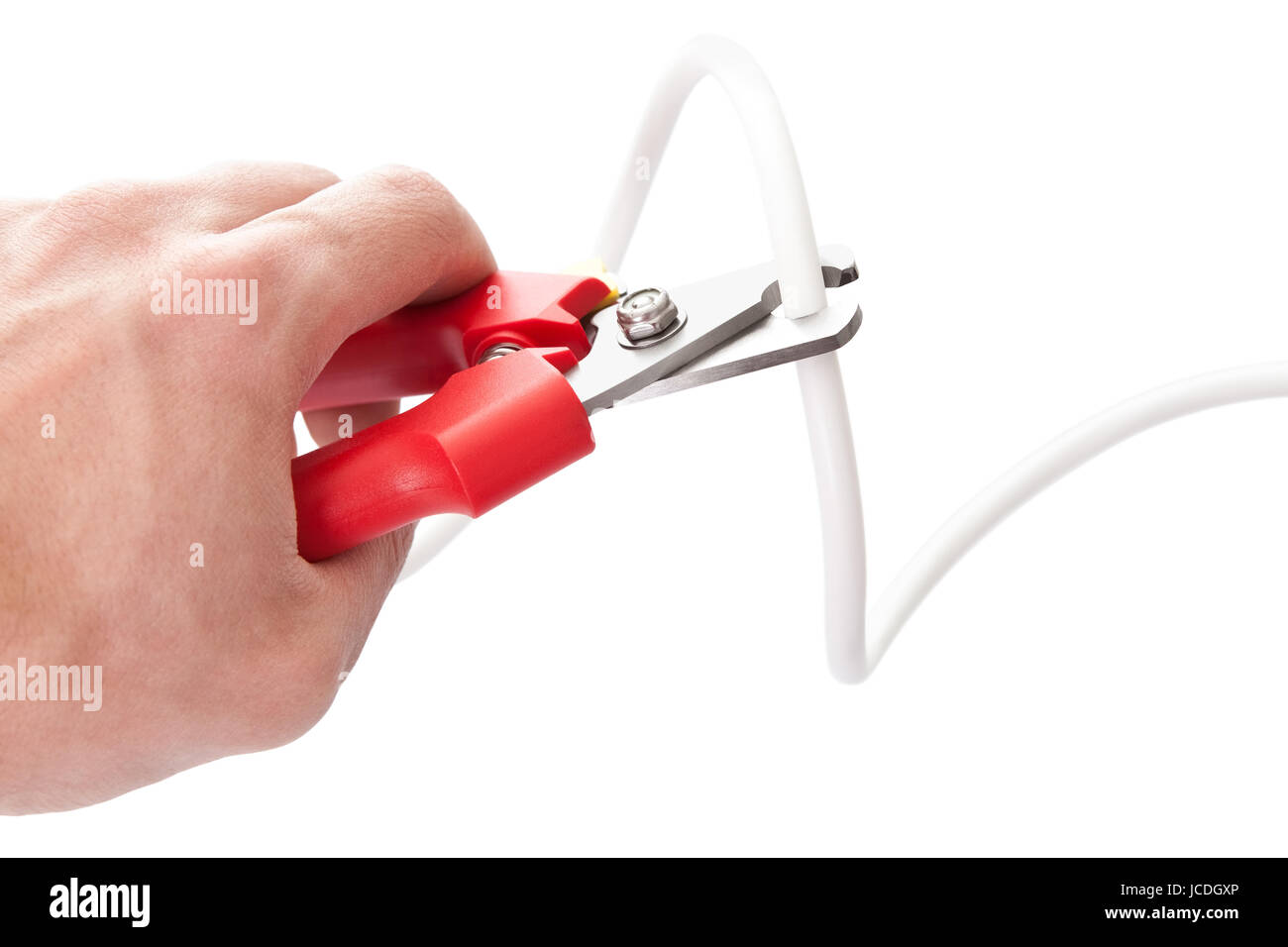 Cutting cable using nippers. Isolated on white background Stock Photo ...
