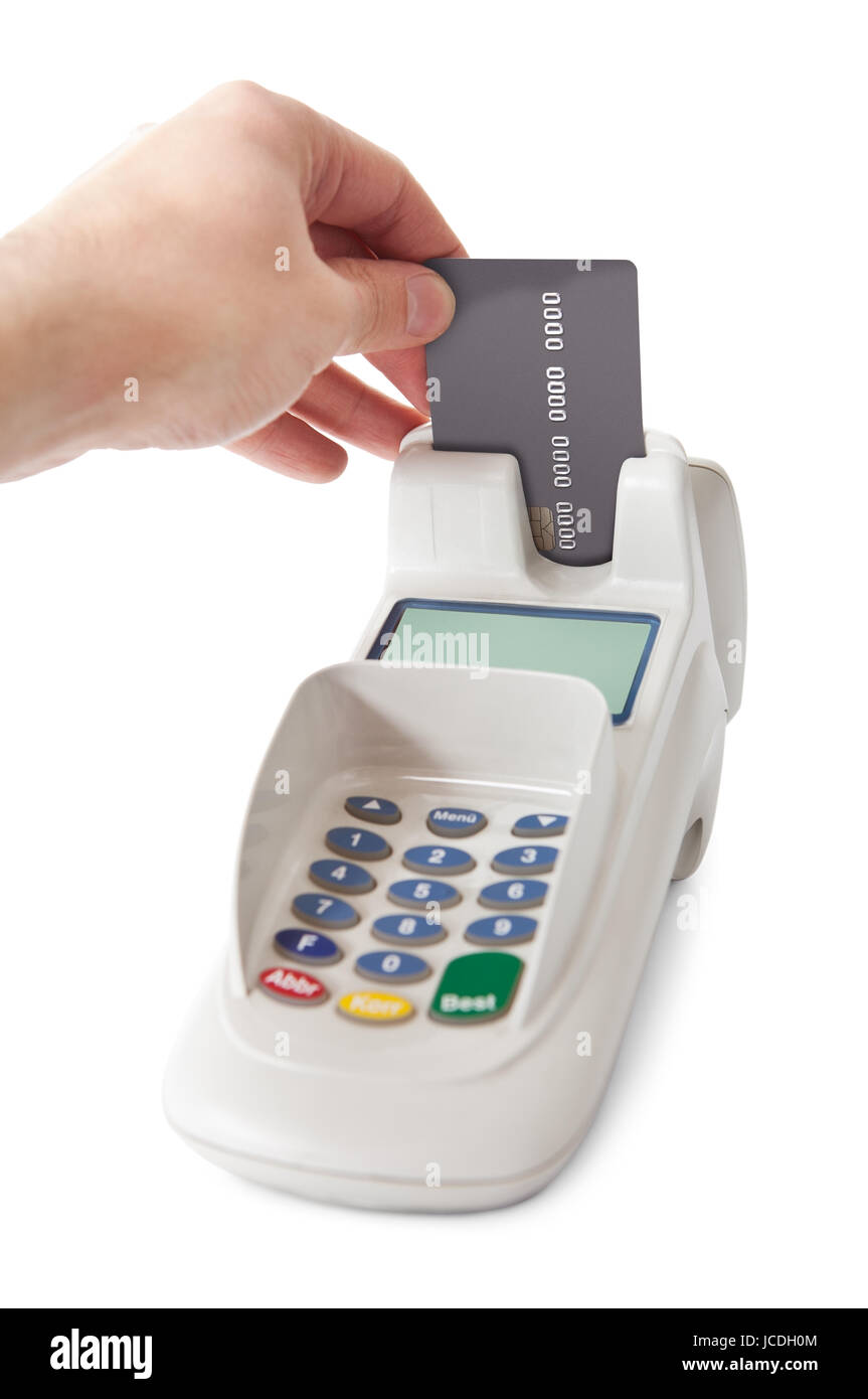 Inserting credit card into bank terminal. Isolated on white Stock Photo ...