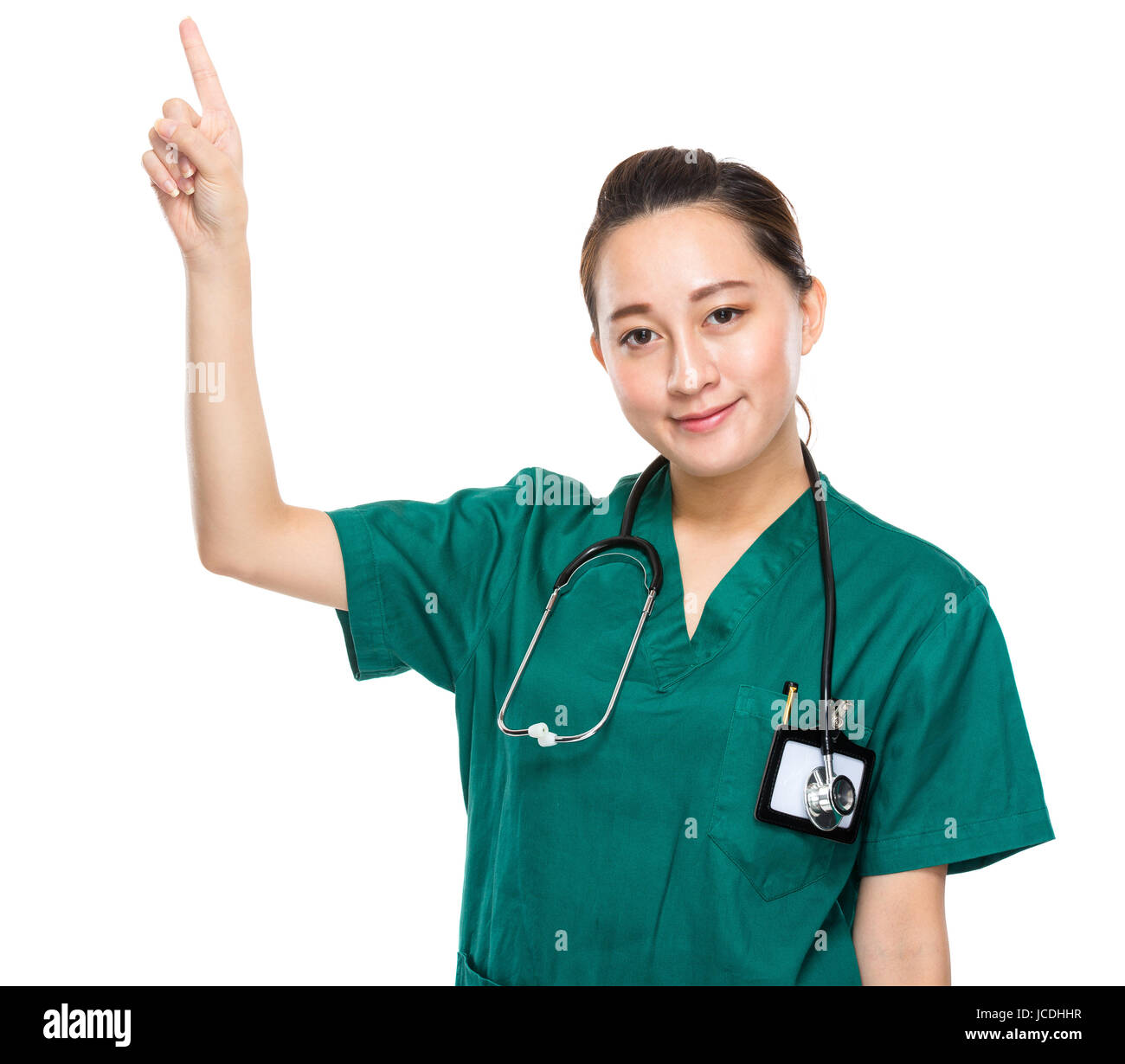 Asian woman doctor finger point up Stock Photo - Alamy