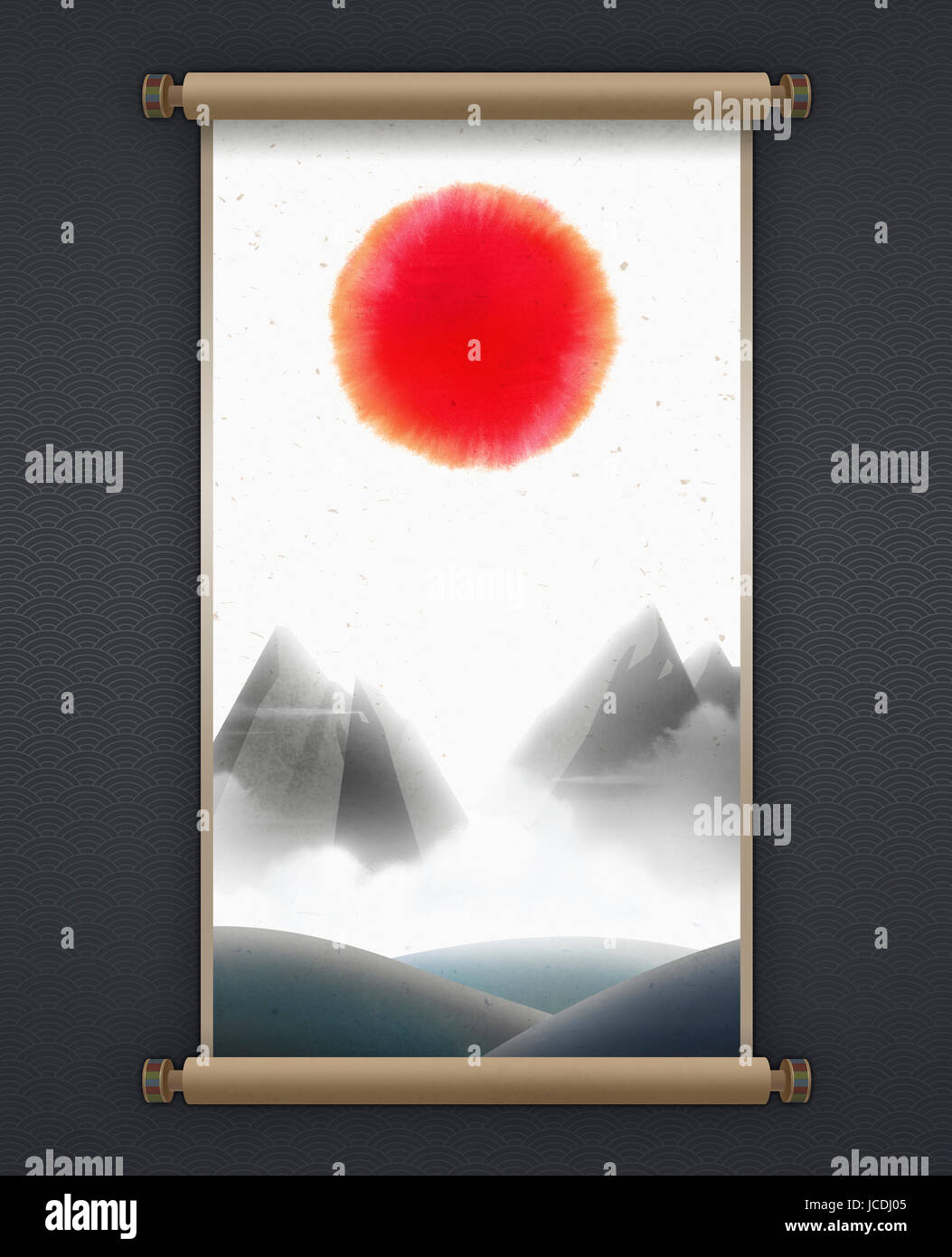 Scroll with oriental landscape Stock Photo - Alamy