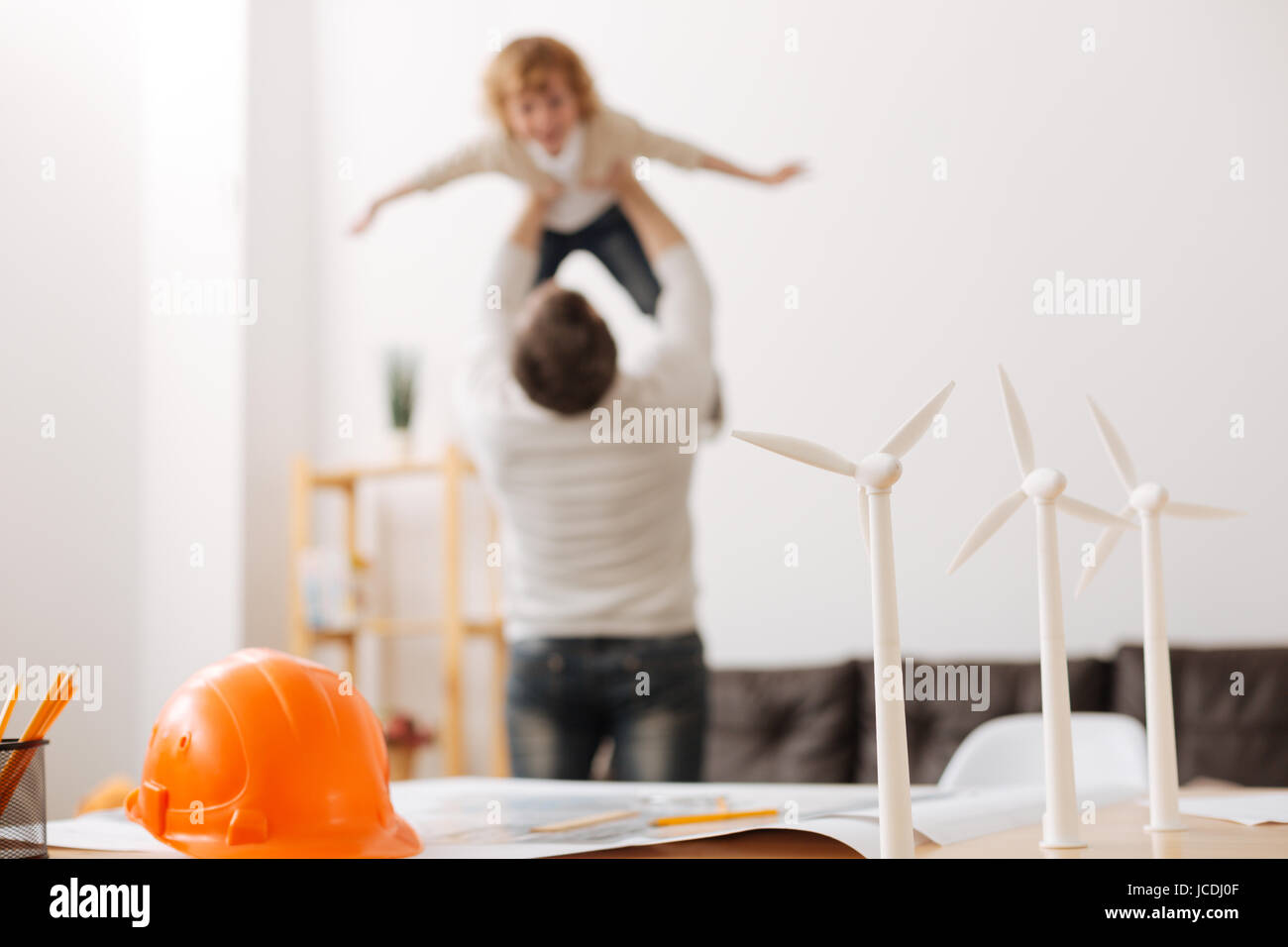 Close up photo of modern windmill models that standing on the ...