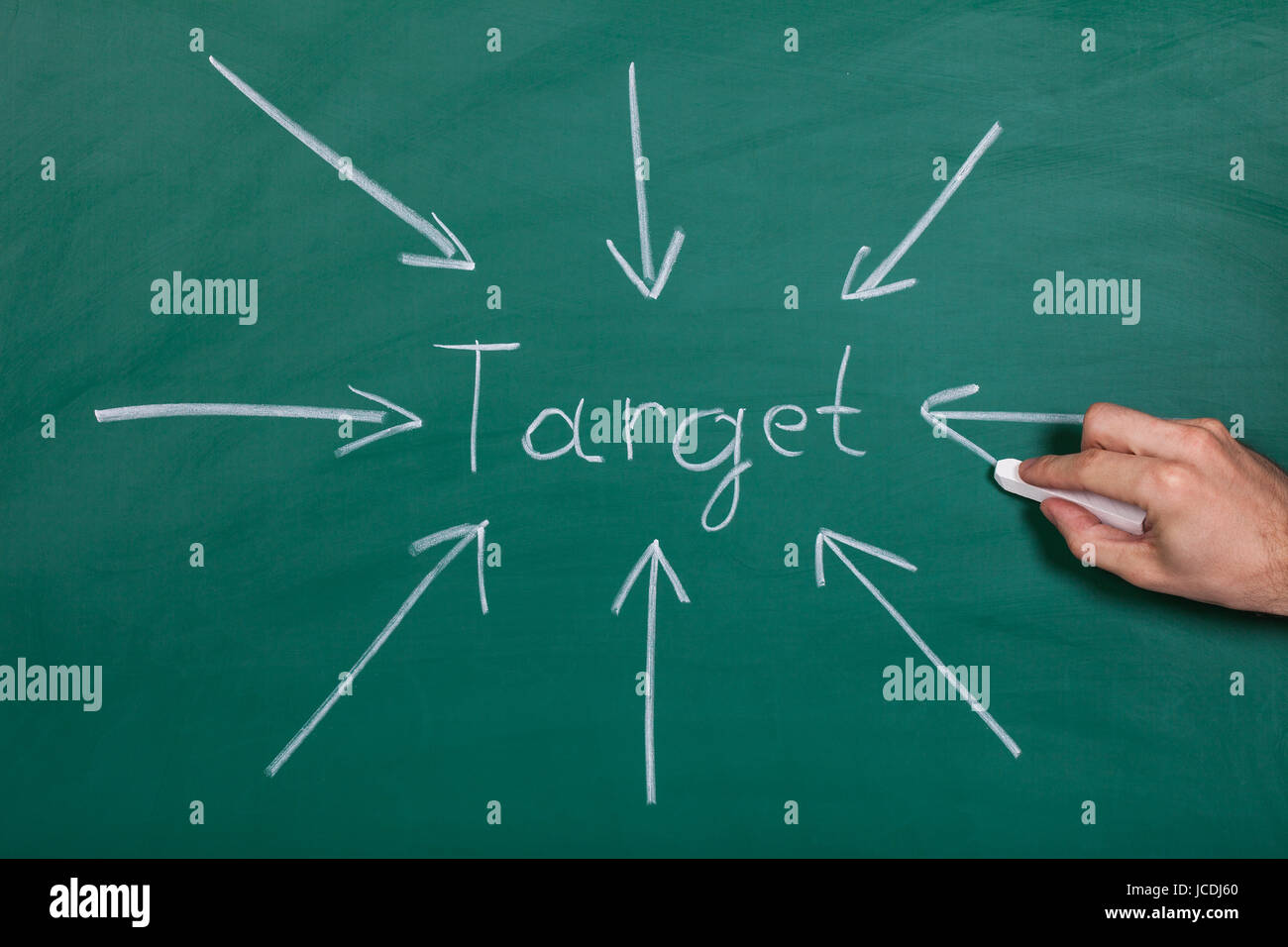 Hand Drawn Arrows Gathering Over Target On Chalkboard Stock Photo - Alamy