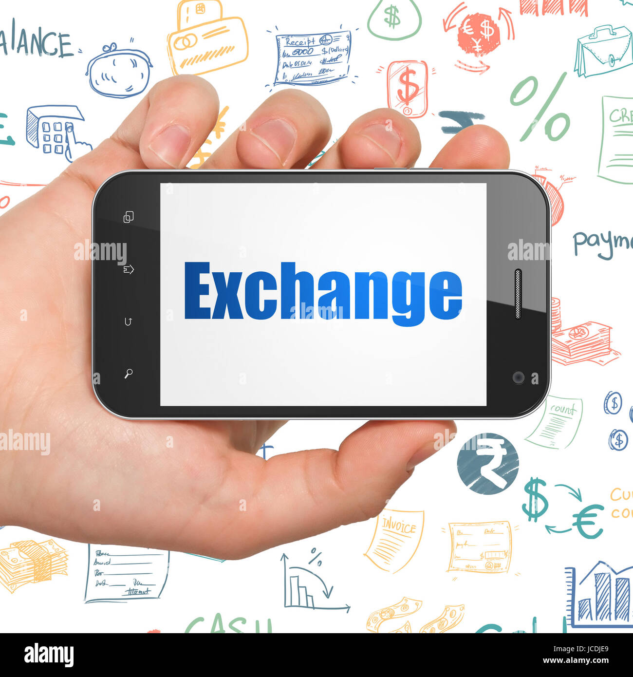 Banking concept: Hand Holding Smartphone with Exchange on display Stock ...