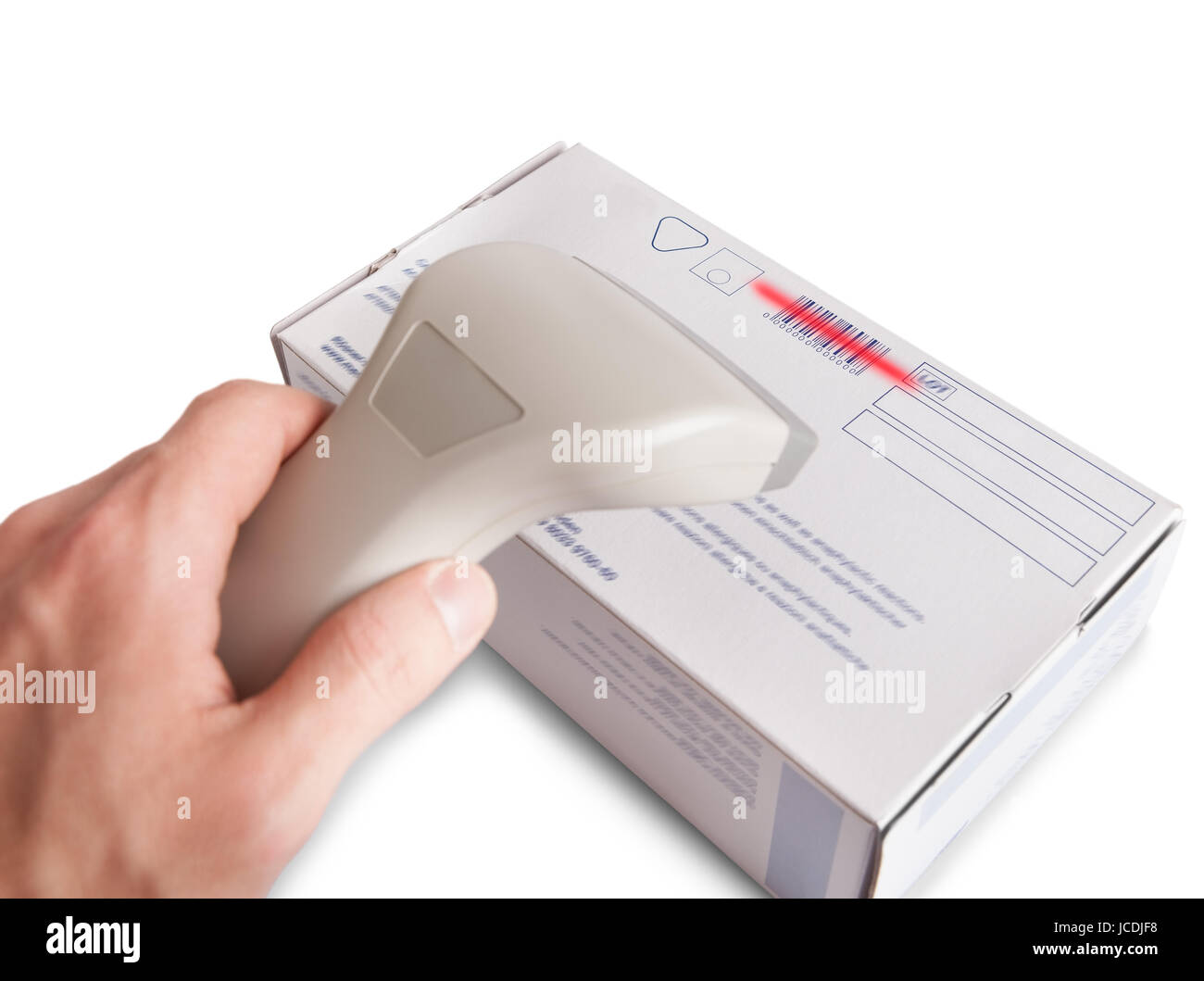 Man using a barcode scanner to scan a barcode on a product box using ...