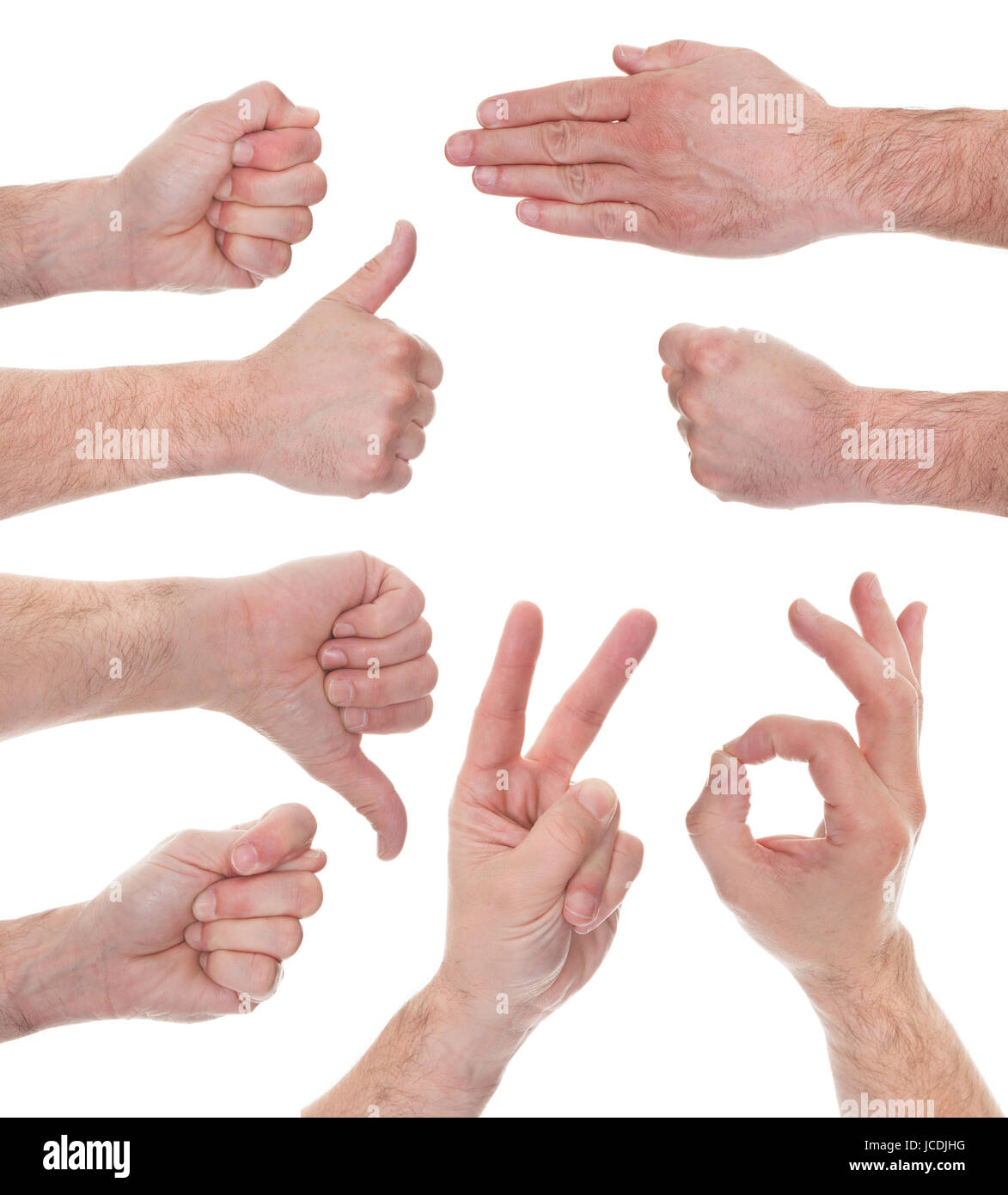 Close-up Of Male Hand Showing Various Signs Over White Background Stock ...