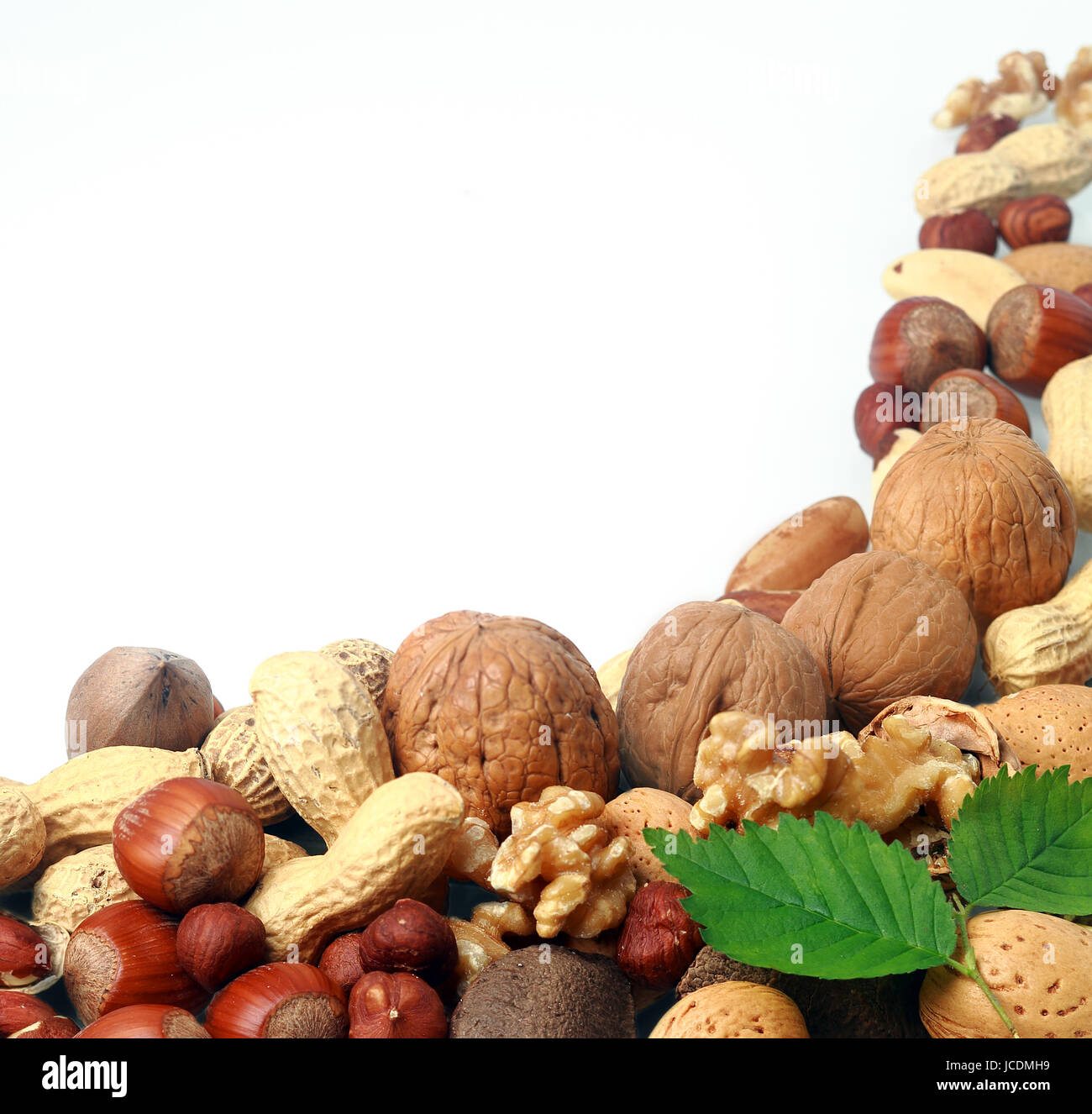 Variety of fresh culinary nuts as a corner border on a square format ...