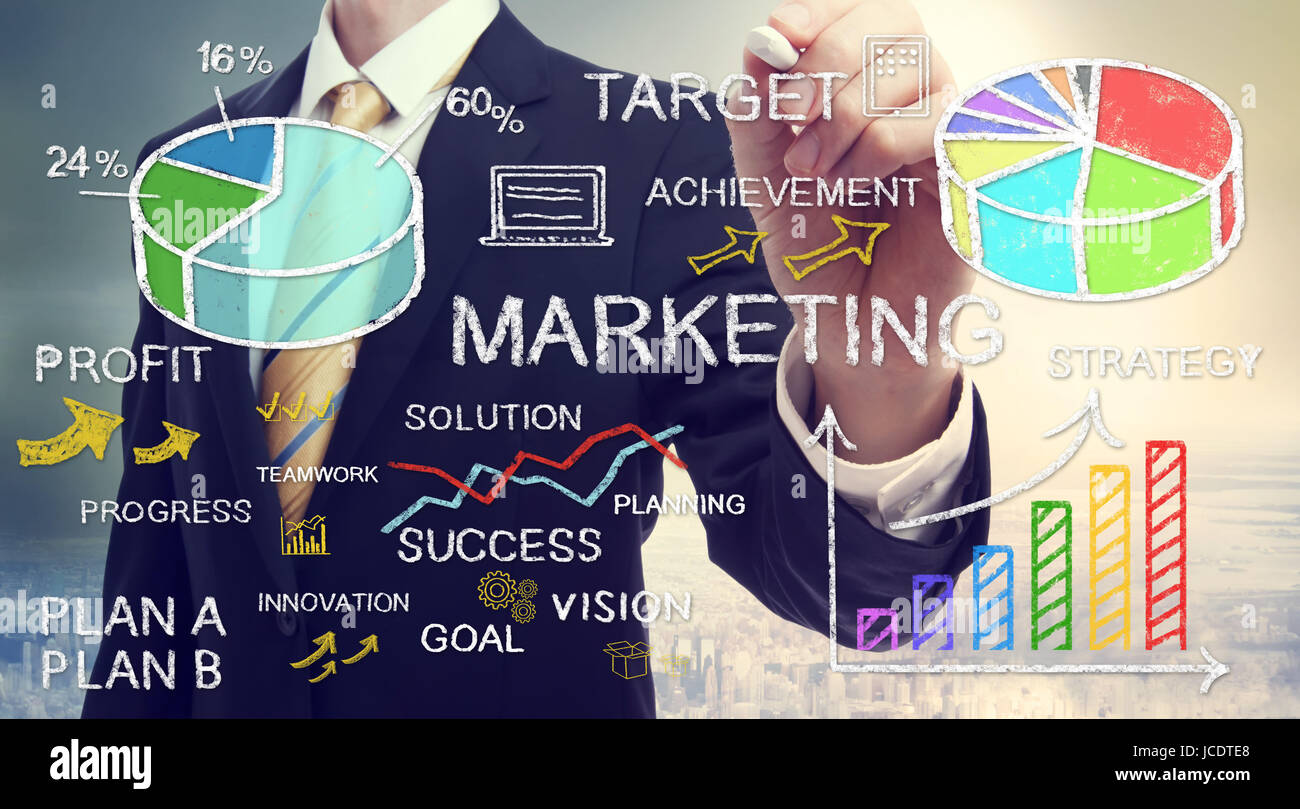 Businessman drawing business marketing concepts with chalk Stock Photo ...