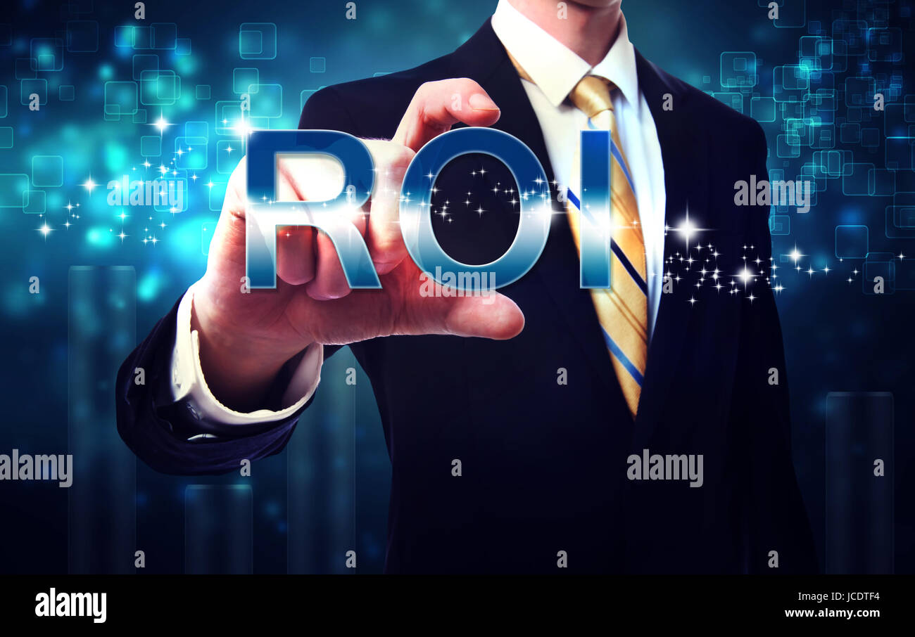 Businessman touching ROI (return on investment) on blue technology ...