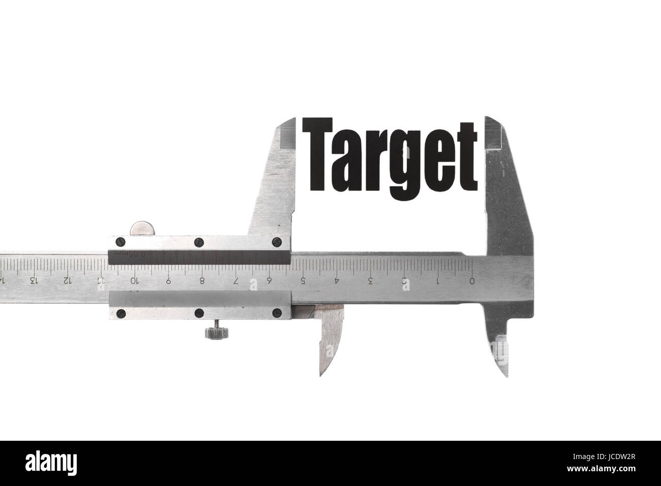 Close up shot of a caliper measuring the word "Target Stock Photo - Alamy