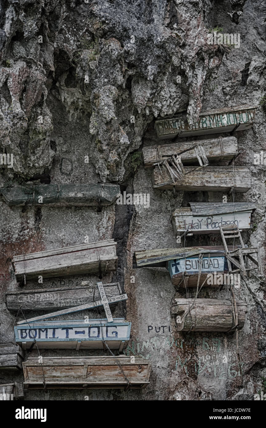 in philipphines the typical hanging cemetery in the mountain cliff ...