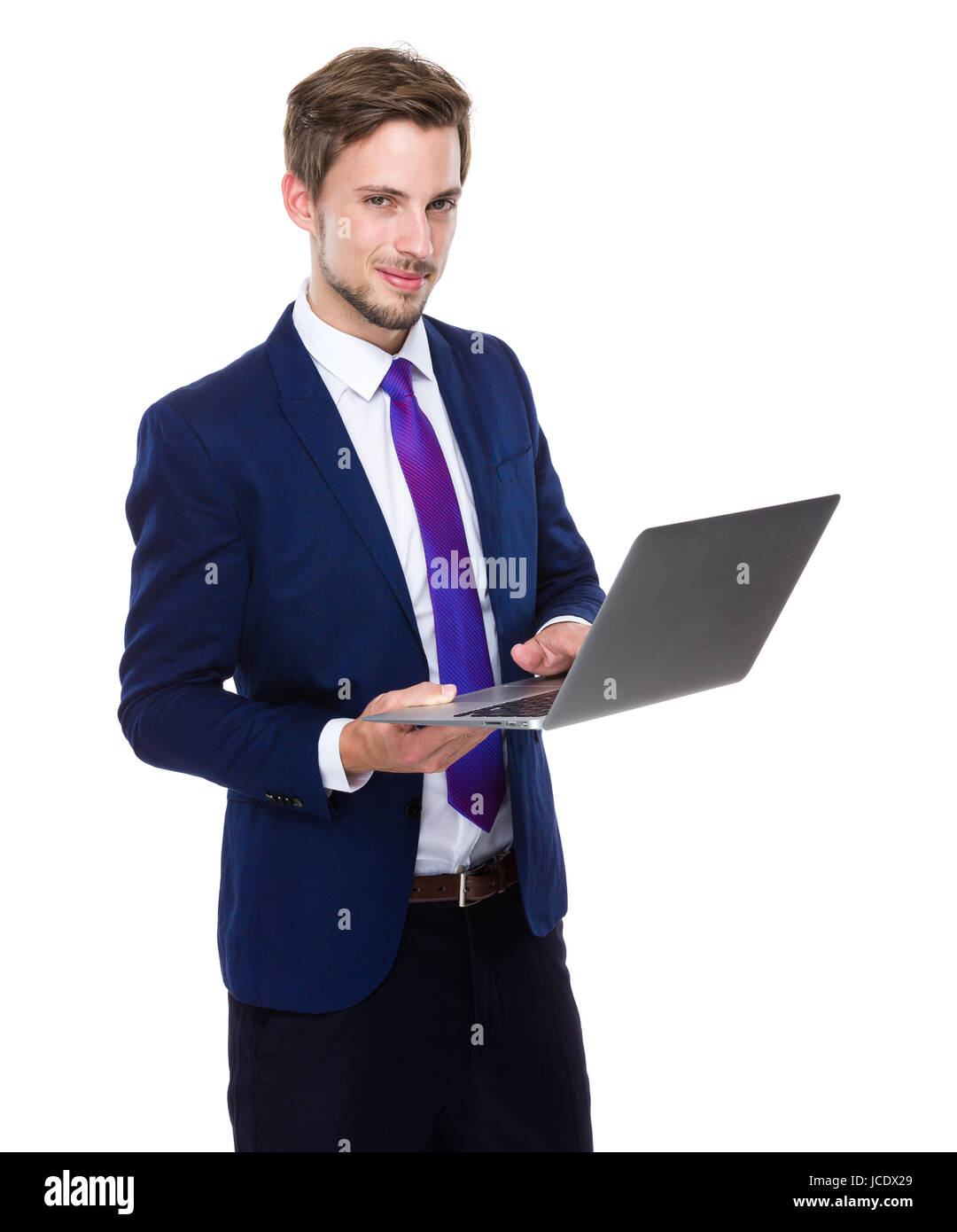Caucasian man hold laptop Stock Photo - Alamy
